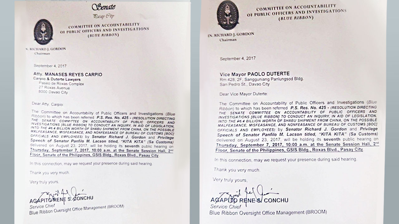 Gordon invites Paolo Duterte, Mans Carpio to Senate smuggling probe Gordon invites Paolo Duterte, Mans Carpio to Senate smuggling probe